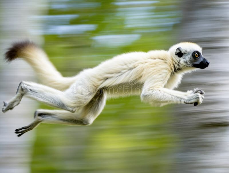 Sifaka Lemur Mid-jump between Trees in a Blurred Forest Stock Photo ...