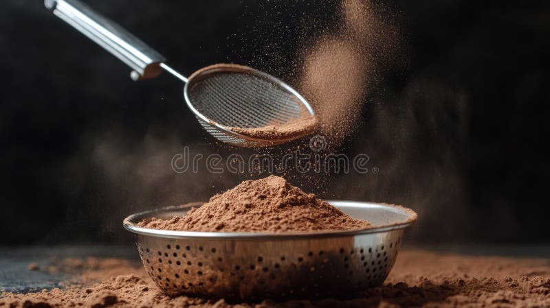 Sifting Cocoa Powder for Baking in a Silver Colander on a Dark Kitchen ...