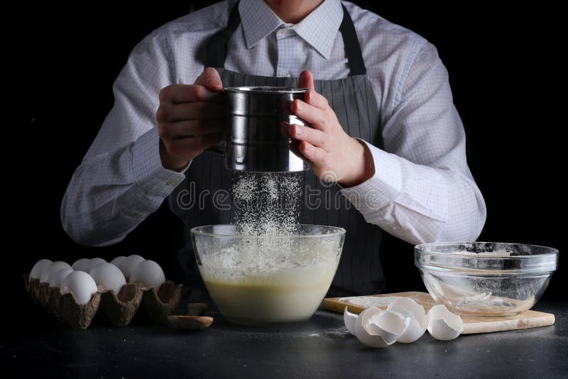 Sifting Flour in Bowl. Man Cooking Pie Concept of Dessert Stock Image ...
