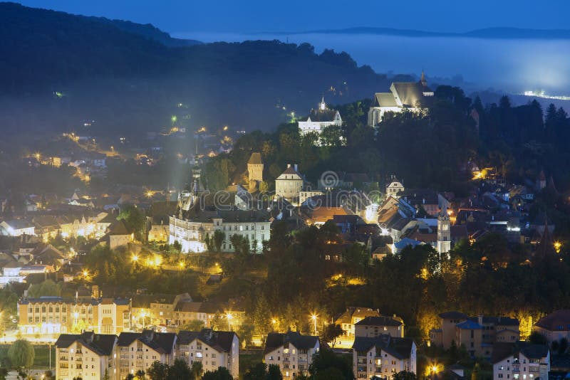 Sighisoara Medieval Town. Night Cityscape Stock Image - Image of ...