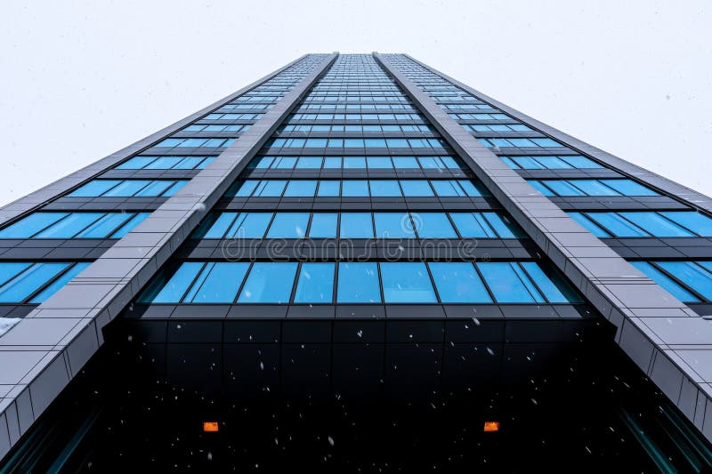 The Sight of Snow Falling on the Tall Glass Facade of a Building. Stock ...