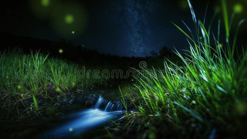 The Sight of a Stream with Many Fireflies Dancing Wildly, and the Milky ...