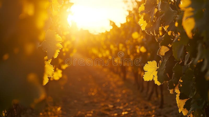 The Sight of the Sunset between Rows of Flourishing Green Grapevines in ...