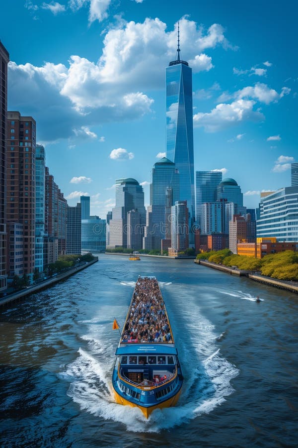 A Sightseeing Boat Sails through Waterways, Packed with Tourists Stock ...