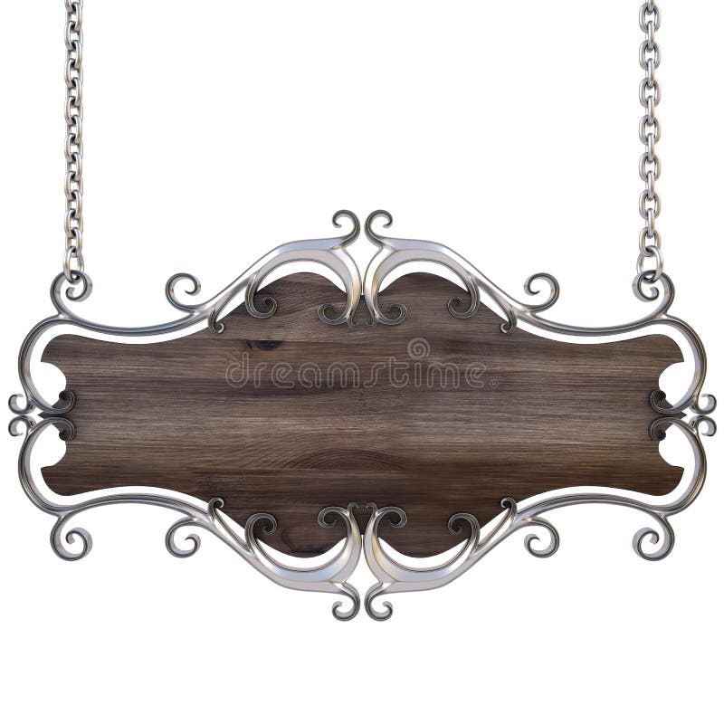 Medieval Wood Sign or Shield Hanging on Chains Isolated Stock Photo ...