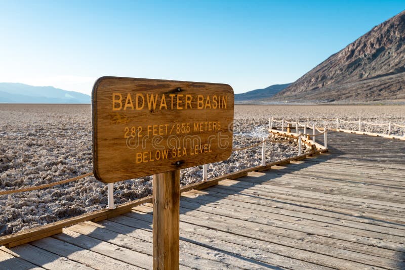 Sign at Badwater Basin stock image. Image of boards, signpost - 95079395