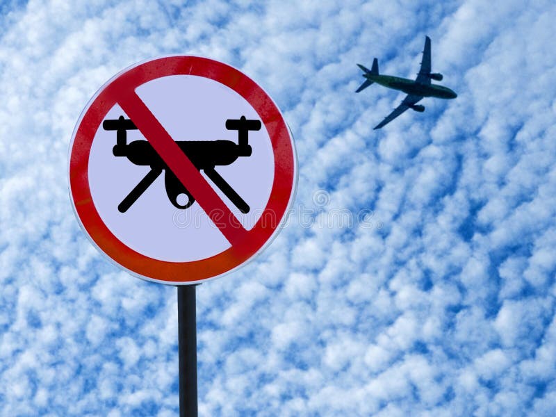 Sign Ban Drones on Sky Background with Clouds and Taking Off Plane ...
