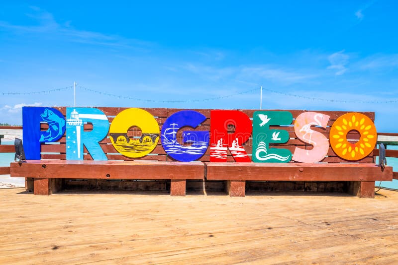 Sign at the Beach of Progreso Near Merida on a Sunny Summer Day Stock ...