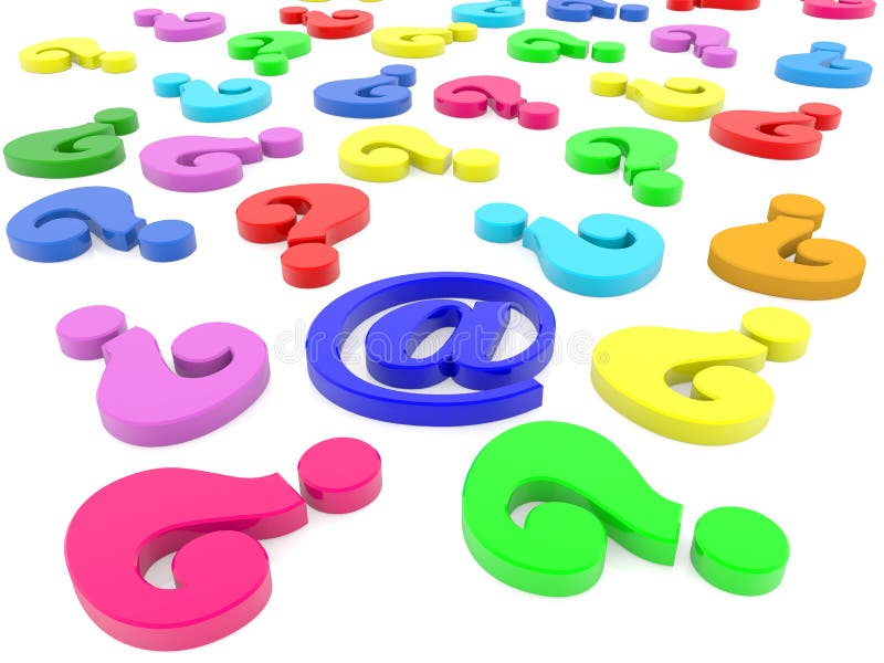 At Sign in Blue between Different Color Question Marks on White Stock ...