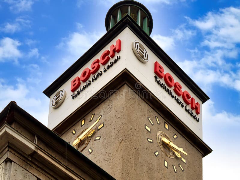 Sign of Bosch on a Tower in Stuttgart. Robert Bosch GmbH is a German ...