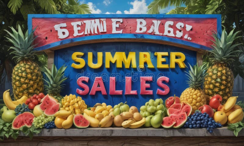 Sign with Bunch Fruit and Bananas Stock Illustration - Illustration of ...