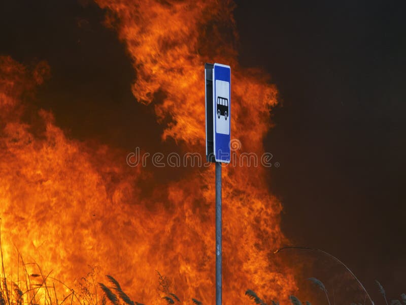 Sign of the Bus Stop and Flame of Fire Behind it Stock Photo - Image of ...