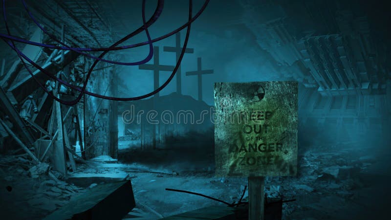 Sign Danger Zone - Post Apocalyptic Scene Stock Illustration ...