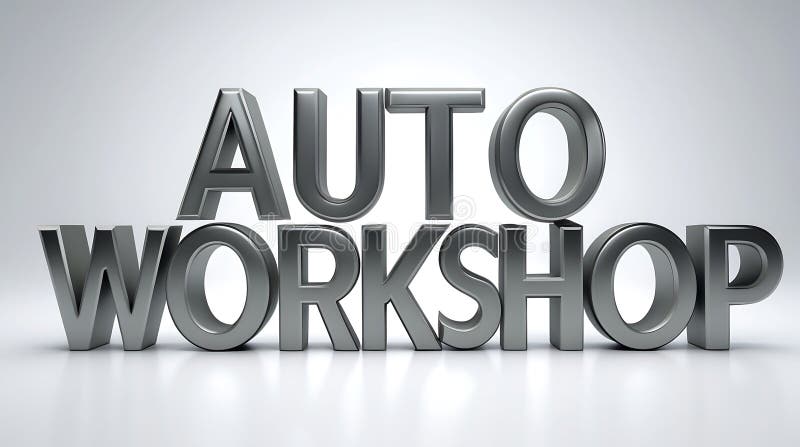 Sign Displaying Auto Workshop Name in Metallic Typography on a Neutral ...