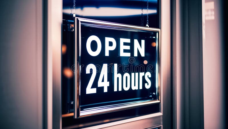 The Sign on the Door Says Business, Retail Open 24 Hours Stock ...