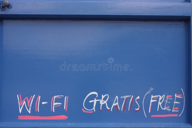 Sign Free Wi-fi in the Door Stock Photo - Image of exterior, blue: 18188568