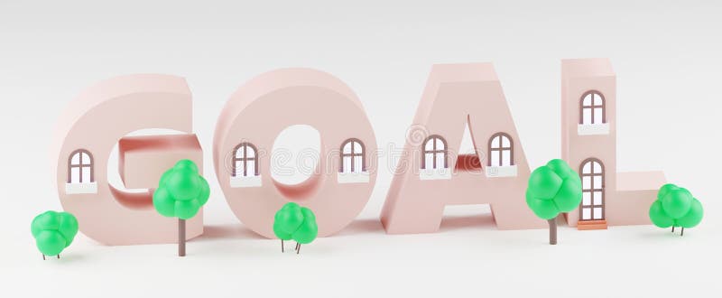 Sign Goal Tiny Houses with Windows and Trees Inscription Goal on Grey ...