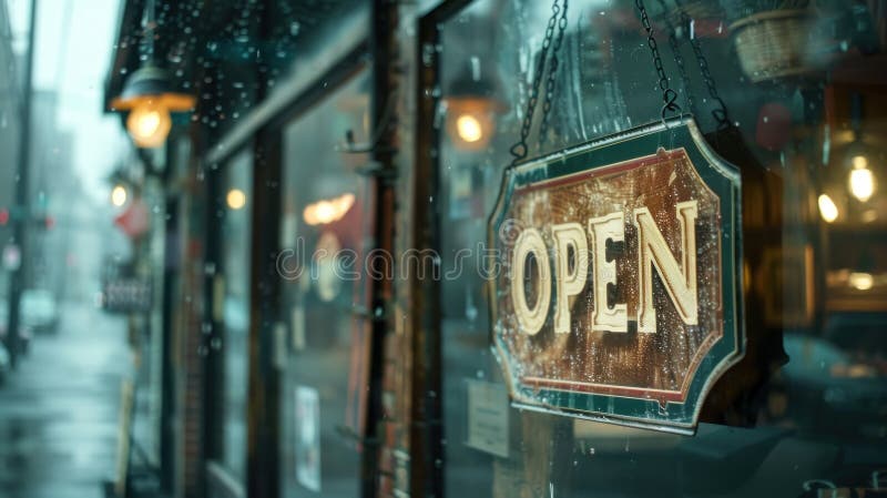 A Sign Hanging from a Window that Says Open Stock Photo - Image of ...