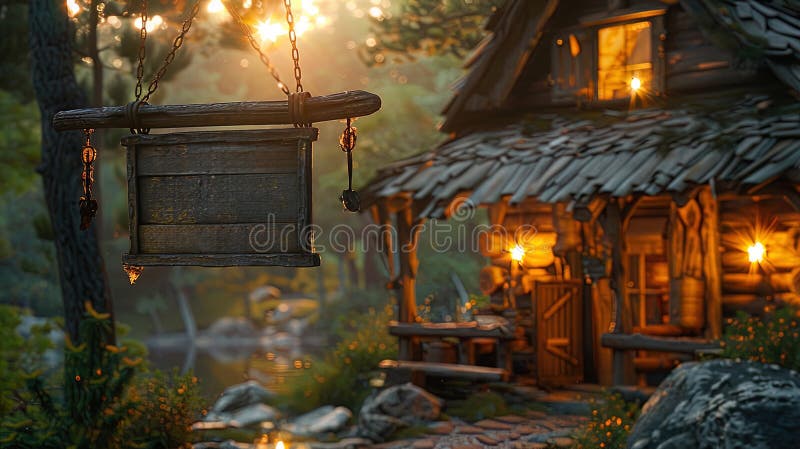 A Sign Hangs from a Tree in Front of a Cabin Stock Photo - Image of ...