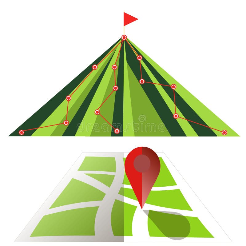 Sign of Hiking Track on Mountain, Map with Pointer on White Flat Design ...