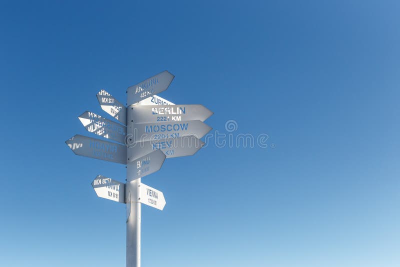 Sign Indicating Directions and Distances To Different Cities of the ...