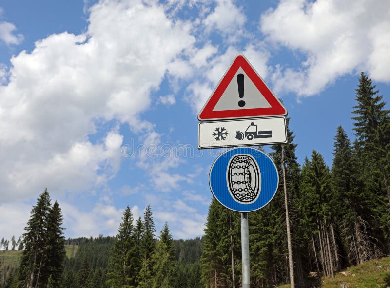 Sign Indicating the Mandatory Use of Snow Chains and Snowplow in ...