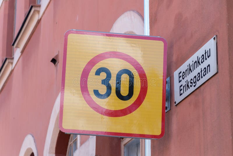Sign 30 Km Per Hour Speed Limit Zone Traffic in Finland Stock Image ...