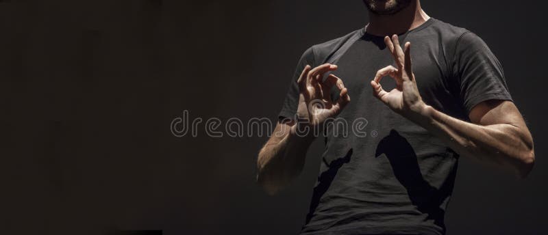 Sign Language Man Interpreter Gestures Over Stage during Public Event ...