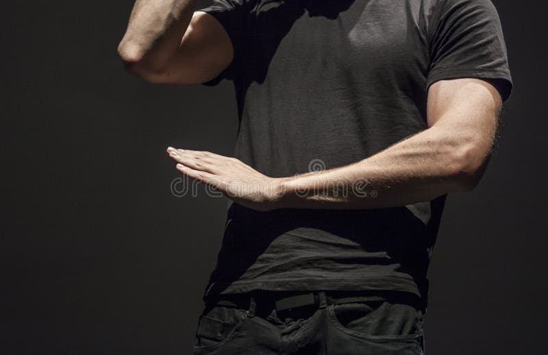Sign Language Man Interpreter Gestures Over Stage during Public Event ...