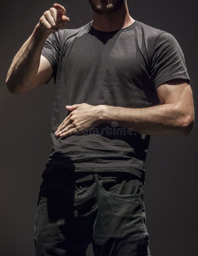 Sign Language Man Interpreter Gestures Over Stage during Public Event ...