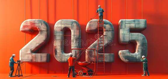 2025 Sign Large Numbers on a Red Wall with Workers Stock Illustration ...