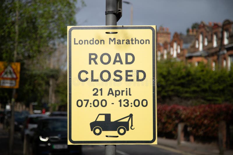 Sign for the London Marathon for Road Closure Stock Photo - Image of ...