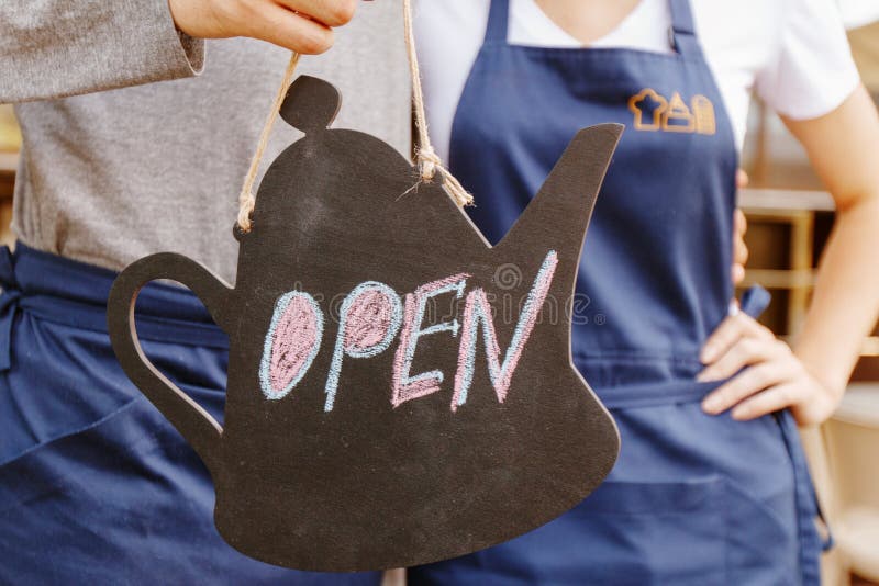 Sign Open on Background of Workers Stock Photo - Image of order ...