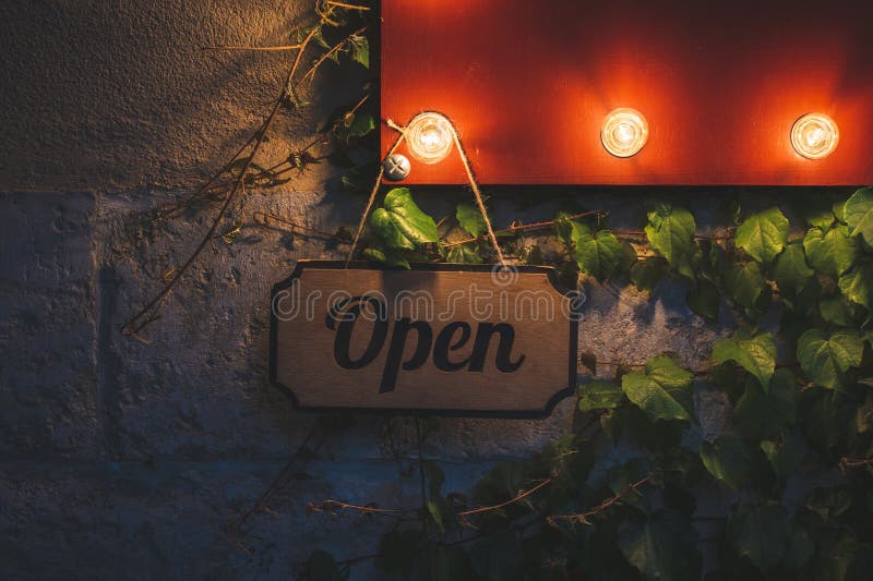 Sign "open" in a Cafe, Restaurant, Shop or Pizzeria Stock Photo - Image ...