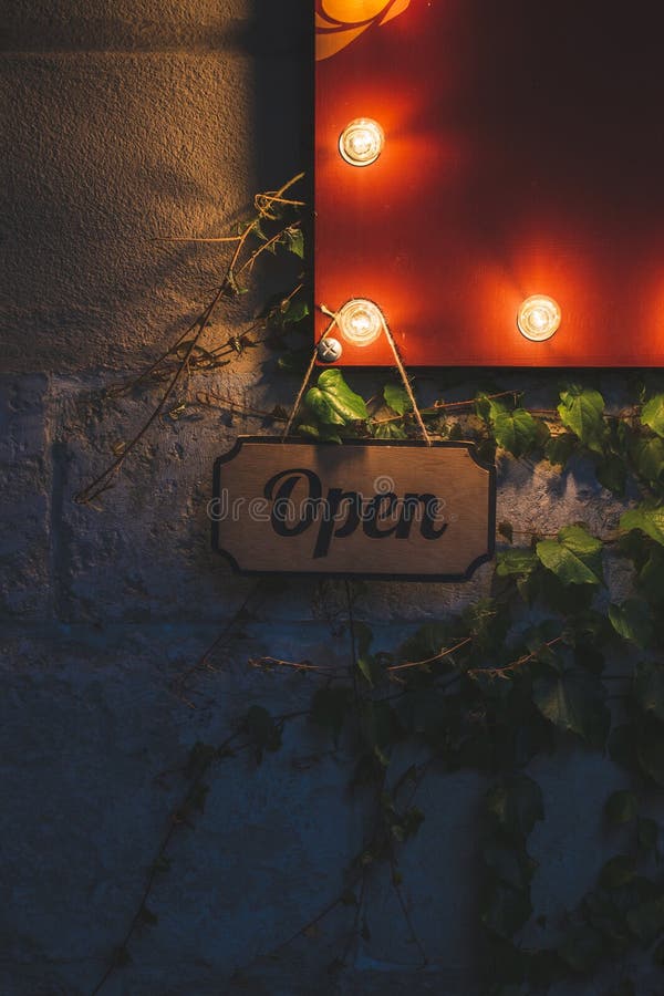 Sign "open" in a Cafe, Restaurant, Shop or Pizzeria Stock Photo - Image ...
