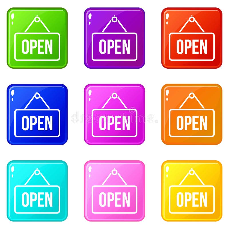Sign open icons 9 set stock vector. Illustration of color - 96332399