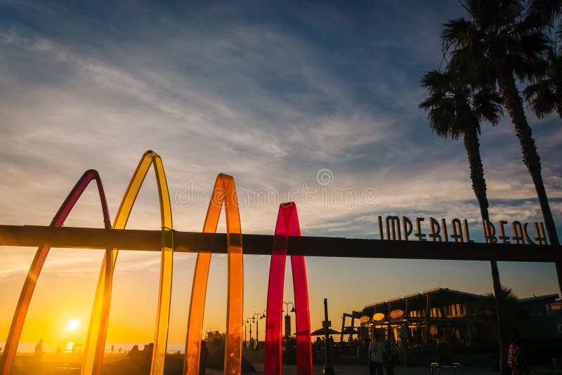 Sign and Palm Trees at Sunset in Imperial Beach, California. Editorial ...