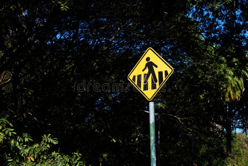 Sign Pedestrian Crossing at the Park in Front of Trees Stock Photo ...
