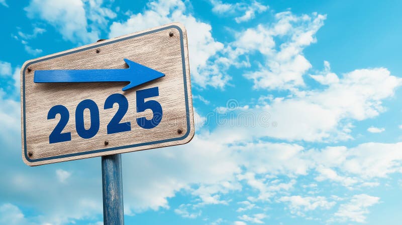 2025 Sign Pointing Forward Against Bright Blue Sky with Fluffy Clouds ...