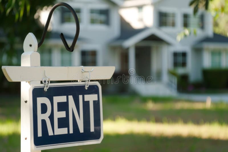 Sign for RENT on a Green Clearing Against the Background of a House for ...