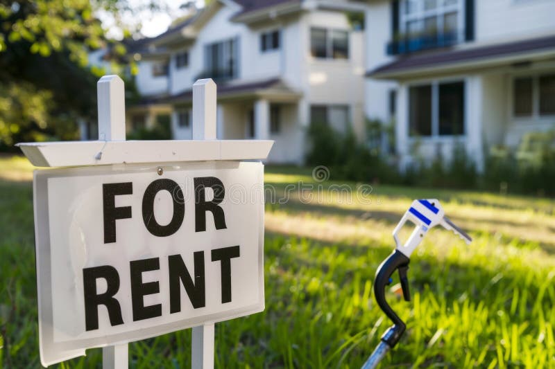 Sign for RENT on a Green Clearing Against the Background of a House for ...