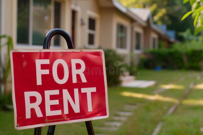 Sign for RENT on a Green Clearing Against the Background of a House for ...