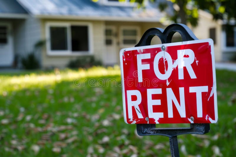 Sign for RENT on a Green Clearing Against the Background of a House for ...