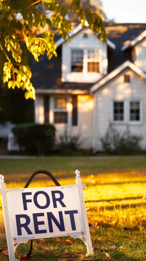 Sign for RENT on a Green Clearing Against the Background of a House for ...
