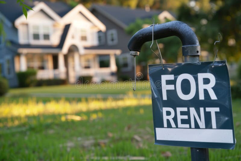 Sign for RENT on a Green Clearing Against the Background of a House for ...