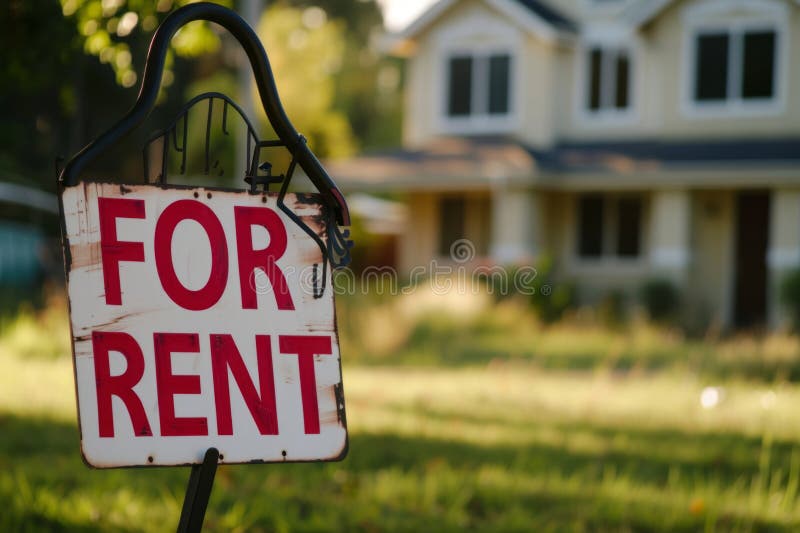 Sign for RENT on a Green Clearing Against the Background of a House for ...