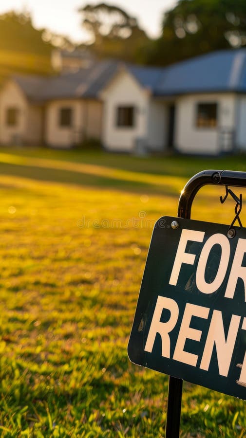 Sign for RENT on a Green Clearing Against the Background of a House for ...