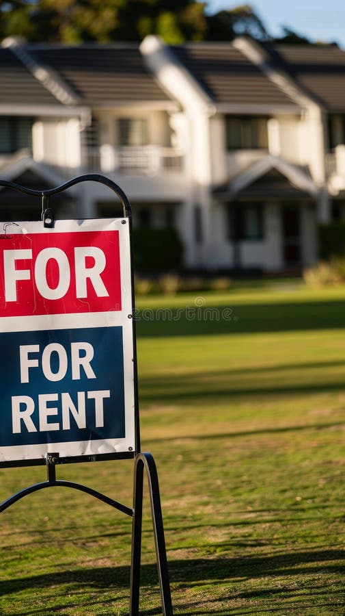 Sign for RENT on a Green Clearing Against the Background of a House for ...