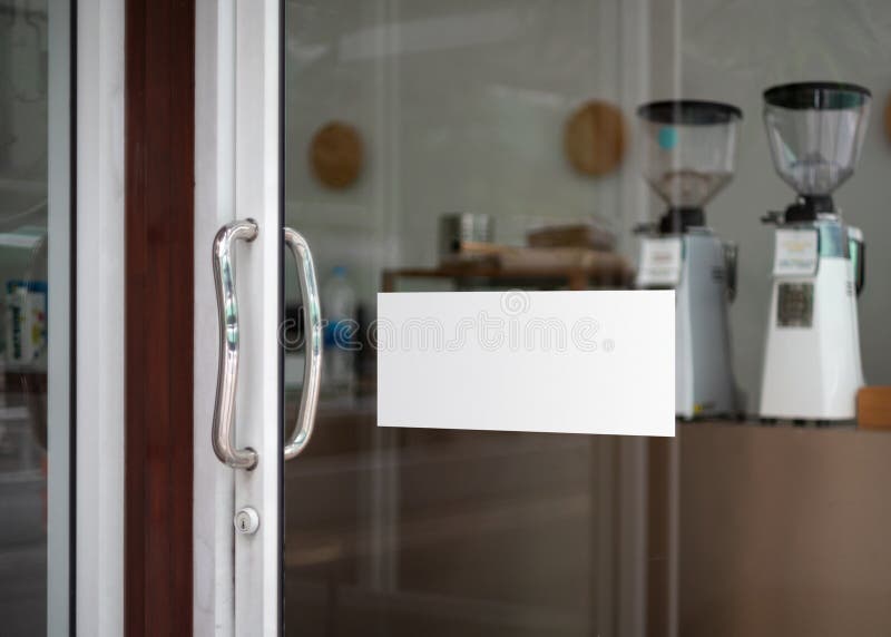Sign Restaurant Door Handle with Push Sign on Glass Doors. Stock Photo ...