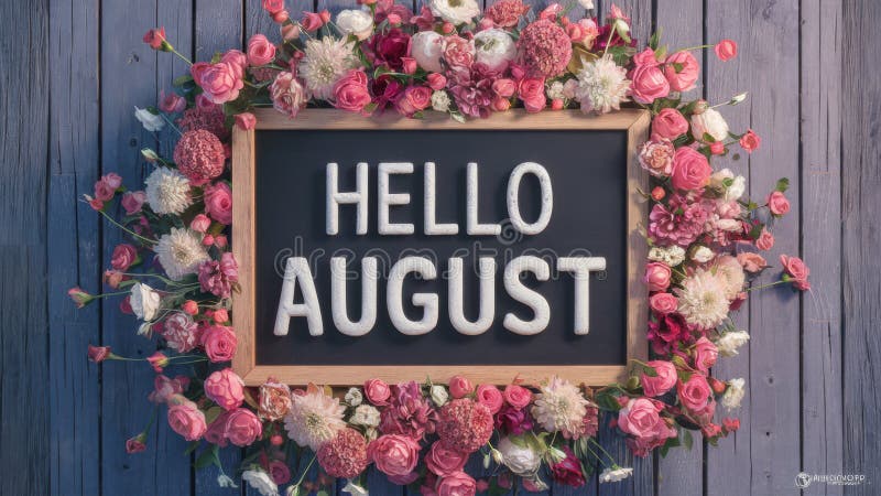 A Sign that Says Hello August in a Wreath of Flowers, AI Stock Image ...